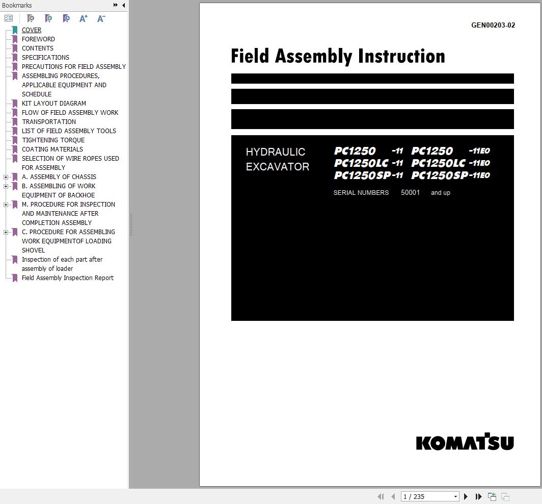 Komatsu Excavator PC1250-11 to PC1250SP-11E0 Field Assembly Instruction GEN00203-02