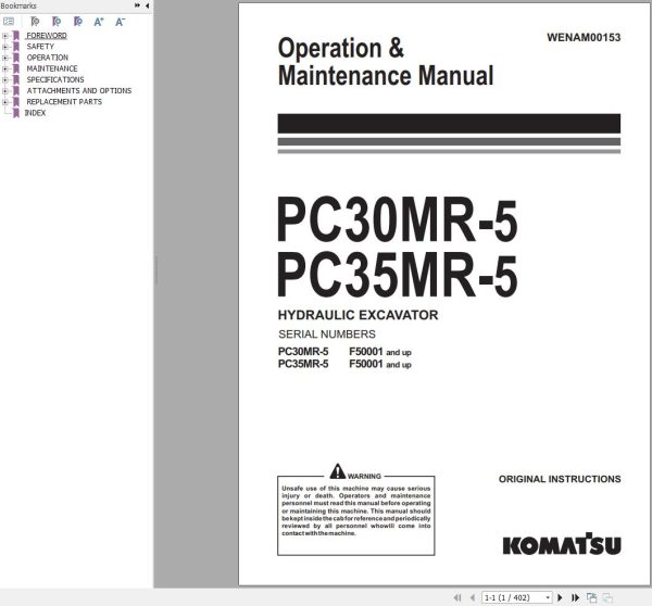 Komatsu Excavator PC30MR-5 PC35MR-5 Operation & Maintenance Manual WENAM00153