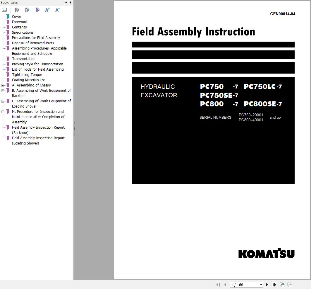 Komatsu Excavator PC750-7 to PC800SE-7 Field Assembly Instruction ...