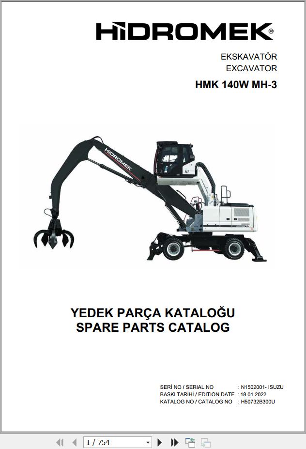 Hidromek Excavator HMK 140W MH-3 Spare Parts Catalog H50732B300U EN TR