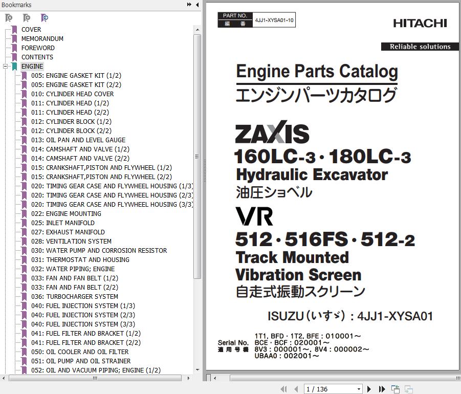 Hitachi ZX160LC-3 ZX180LC-3 VR512 VR516FS VR512-2 Engine Parts Catalog ...
