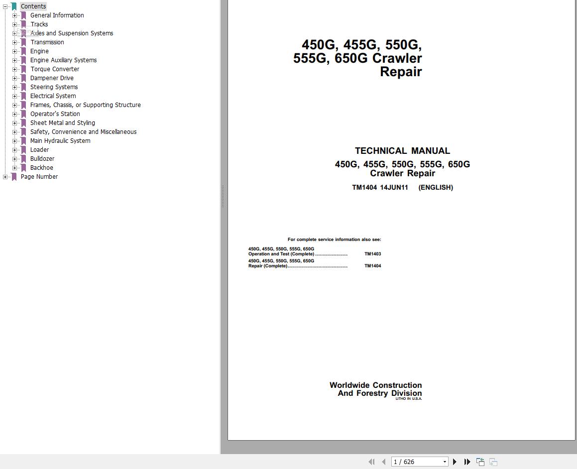 John Deere Crawler 450G 455G 550G 555G 650G Technical Manual TM1404