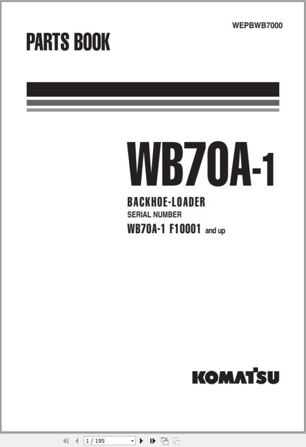 Komatsu Backhoe Loaders WB70A-1 Part Book WEPBWB7000