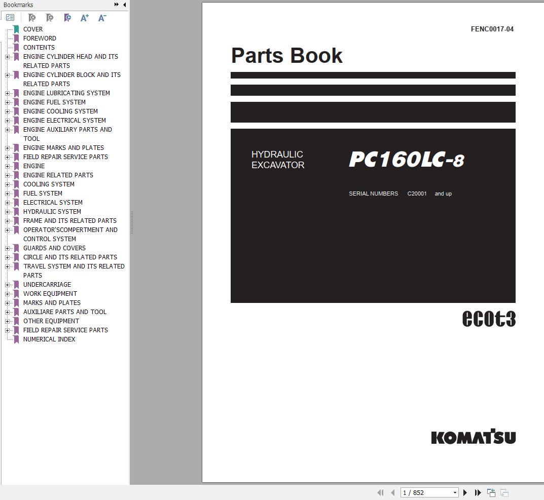 Komatsu Crawler Excavators PC160LC-8 Part Book FENC0017-04