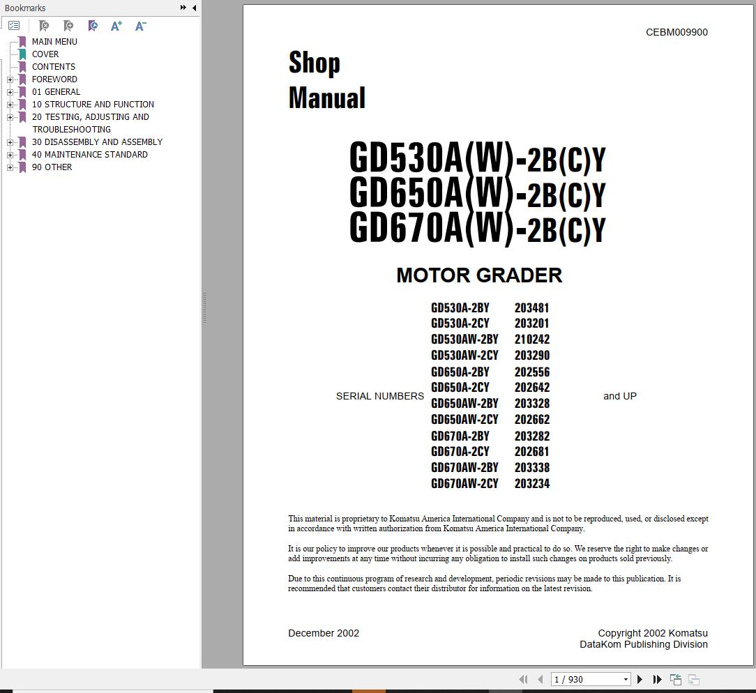 Komatsu Motor Grader GD530A(W)-2B(C)Y to GD670A(W)-2B(C)Y Shop Manual ...