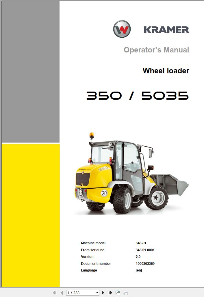 Kramer Wheel Loader 350 5035 Operator Manual 1000303369