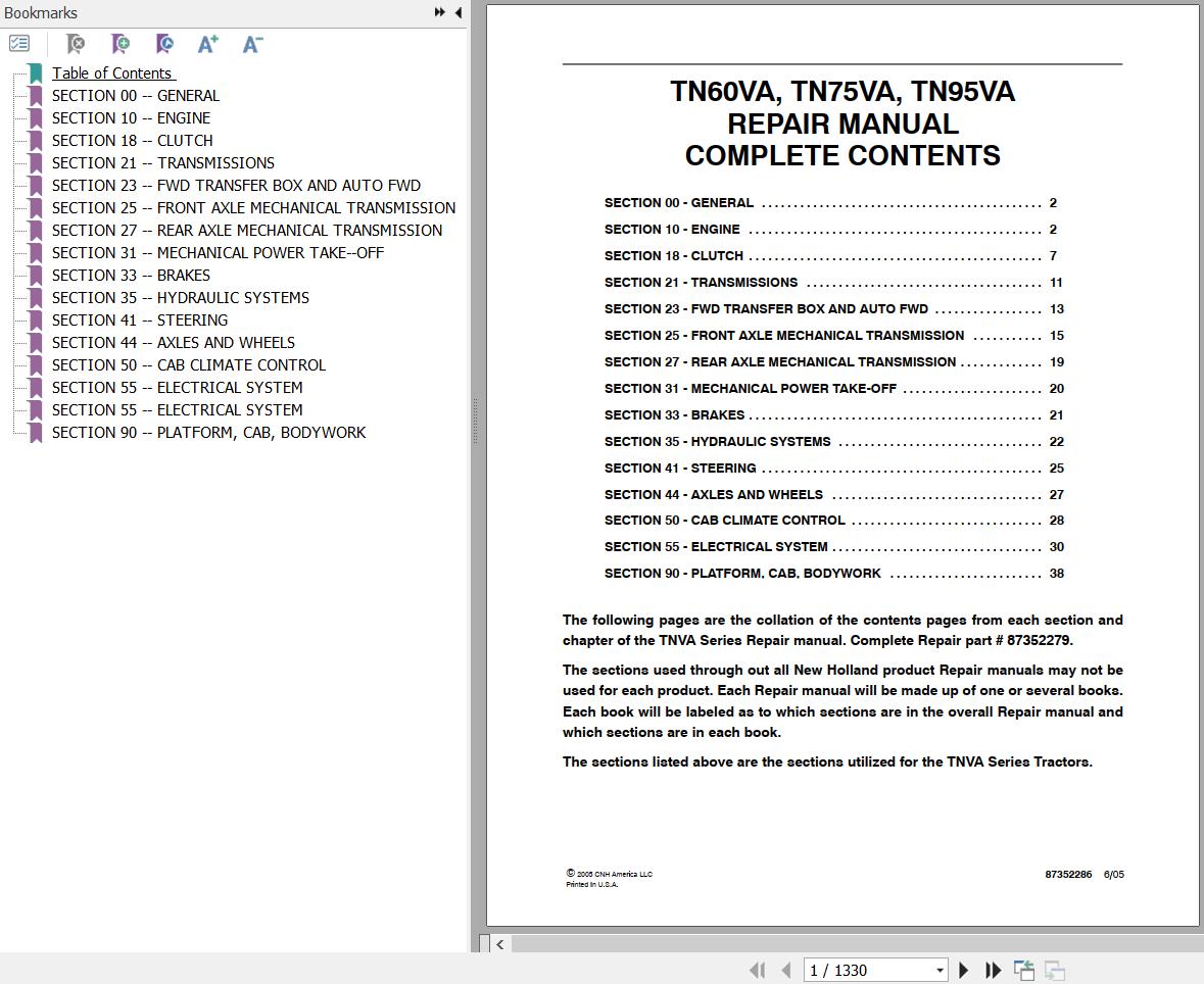 New Holland Tractor TN60VA TN75VA TN95VA Repair Manual 87352286
