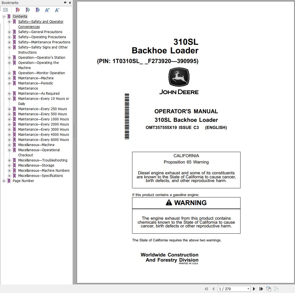 John Deere 310SL Backhoe Loader Operator Manual OMT357555X19