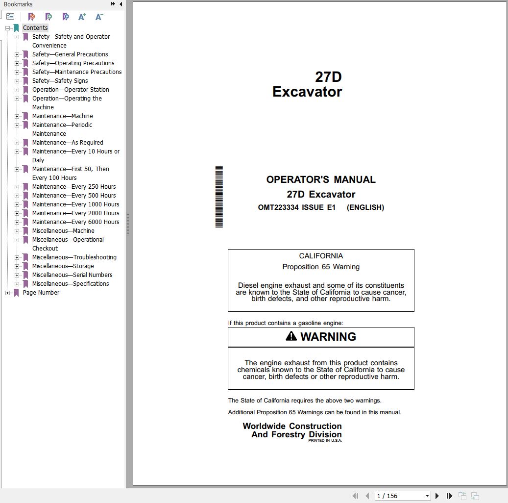 John Deere 27D Compact Excavator Operator Manual OMT223334