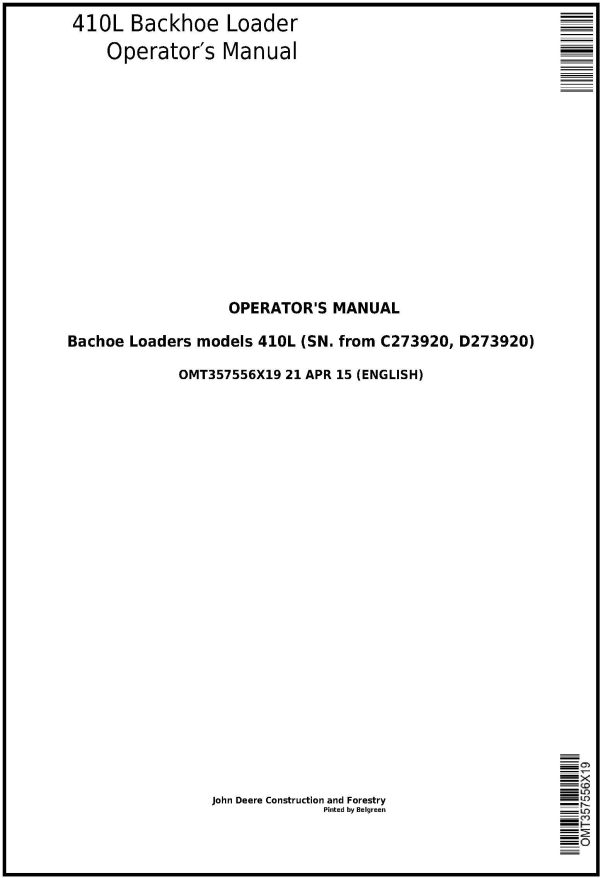 John Deere 410L Backhoe Loader Operator Manual OMT357556X19