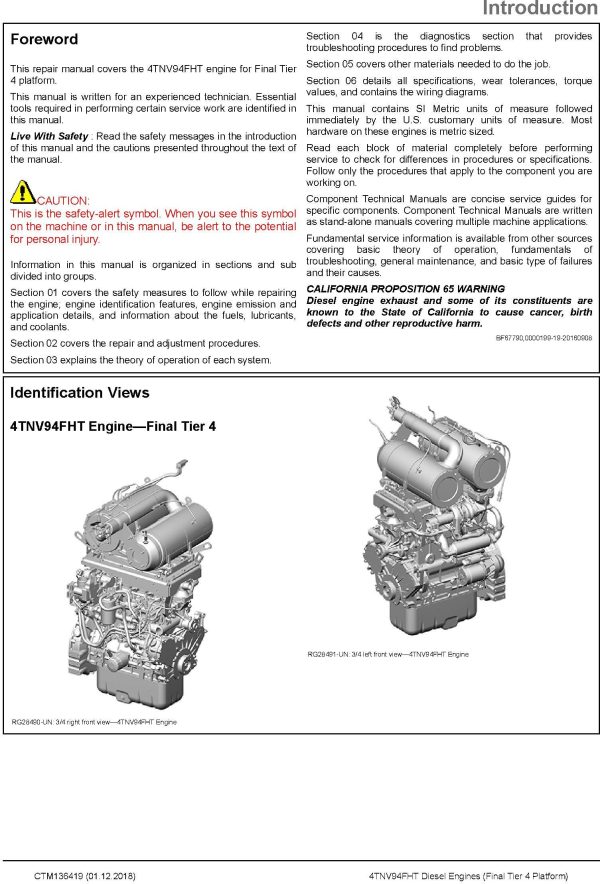 John Deere 4TNV94FHT Yanmar Diesel Engine Component Technical Manual ...