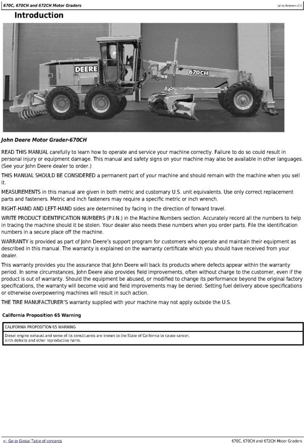 John Deere 670C 670CH 672CH Motor Grader Operator Manual OMT184948