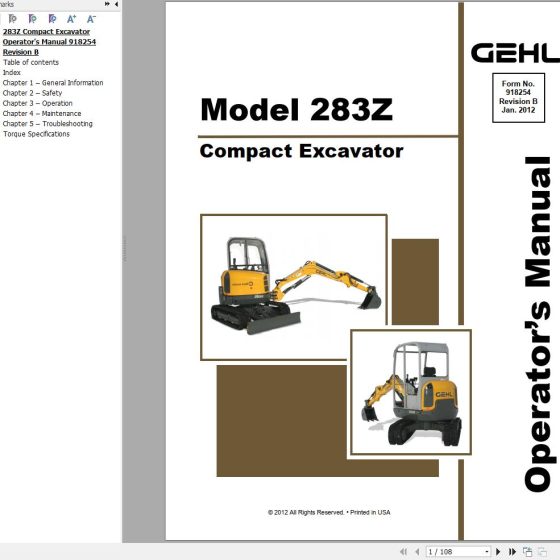 GEHL Compact Excavator 1202 Operators Manual 908170B