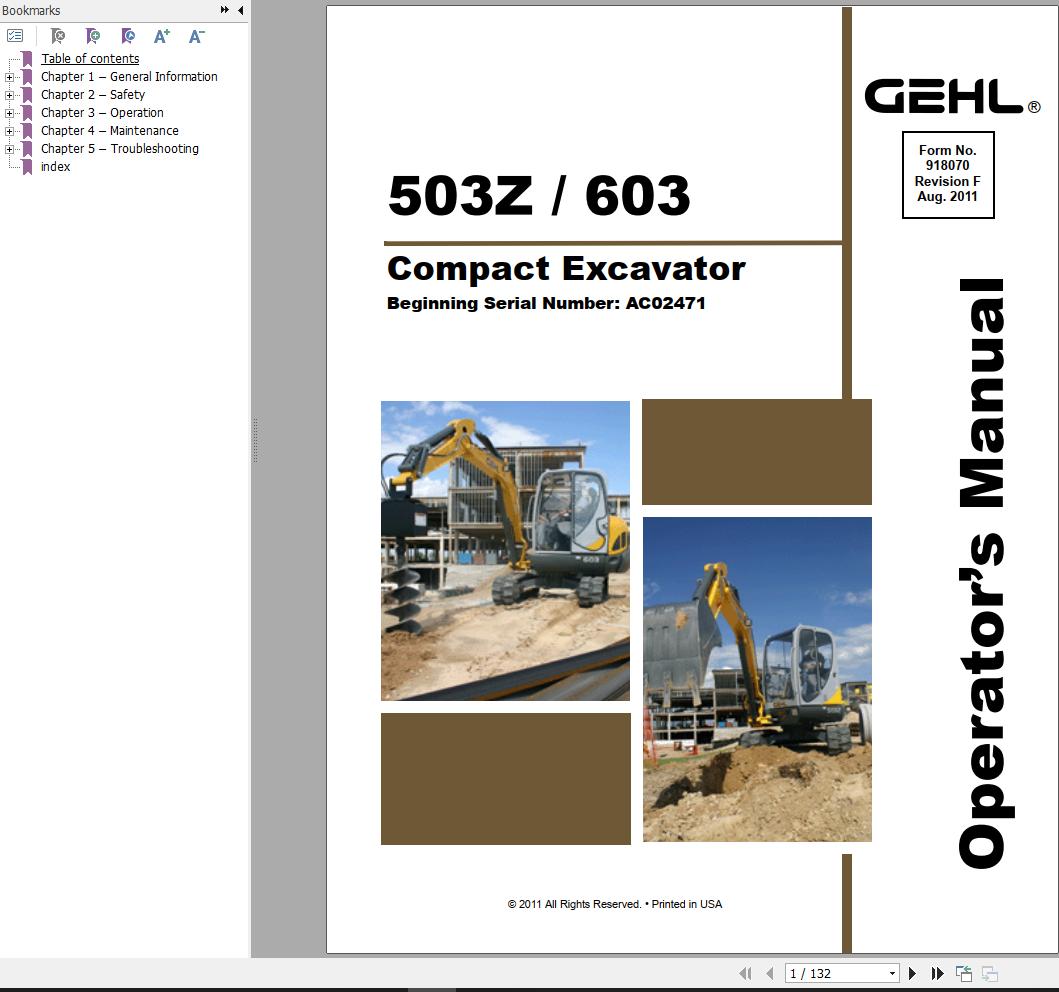 GEHL Compact Excavator 503Z 603 Operators Manual 918070F