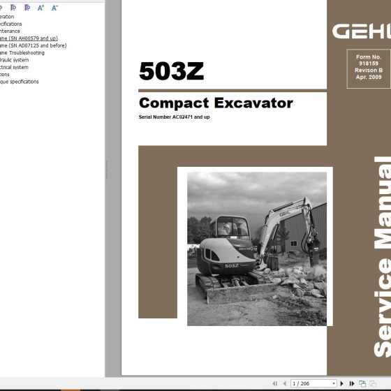 GEHL Compact Excavator 603 Service Manual 918160A
