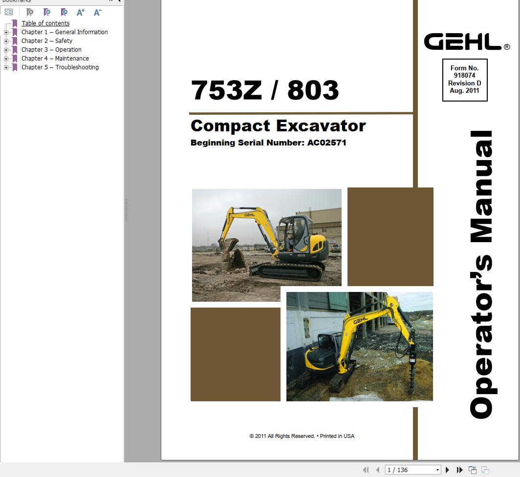 GEHL Compact Excavator 753Z 803 Operators Manual 918074D