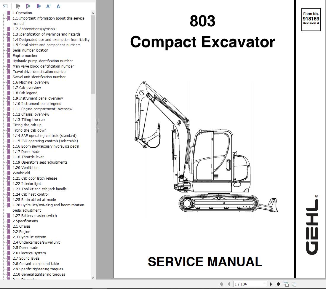 GEHL Compact Excavator 803 Service Manual 918169A