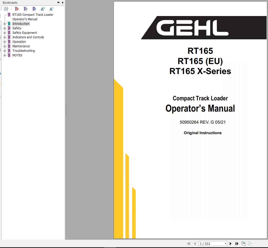 GEHL Compact Track Loader RT165 RT165 X-Series Operator's Manual 50950264G