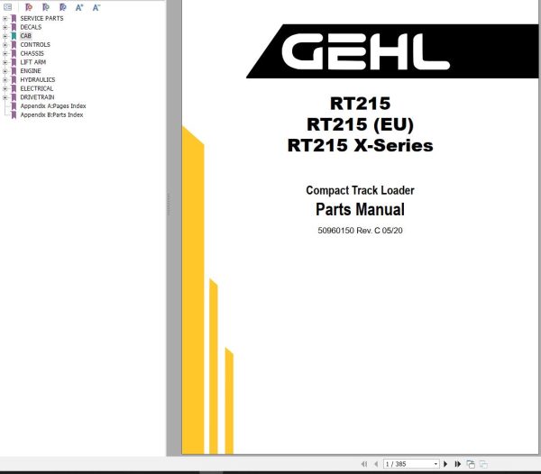 GEHL Compact Track Loader RT215 R215 X-Series Parts Manual 50960150C