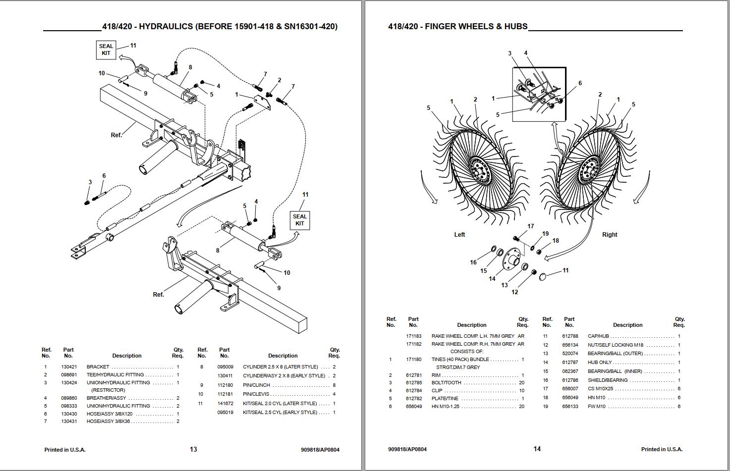 GEHL Finger Wheel V-Rakes 418 420 Parts Manual 909818A