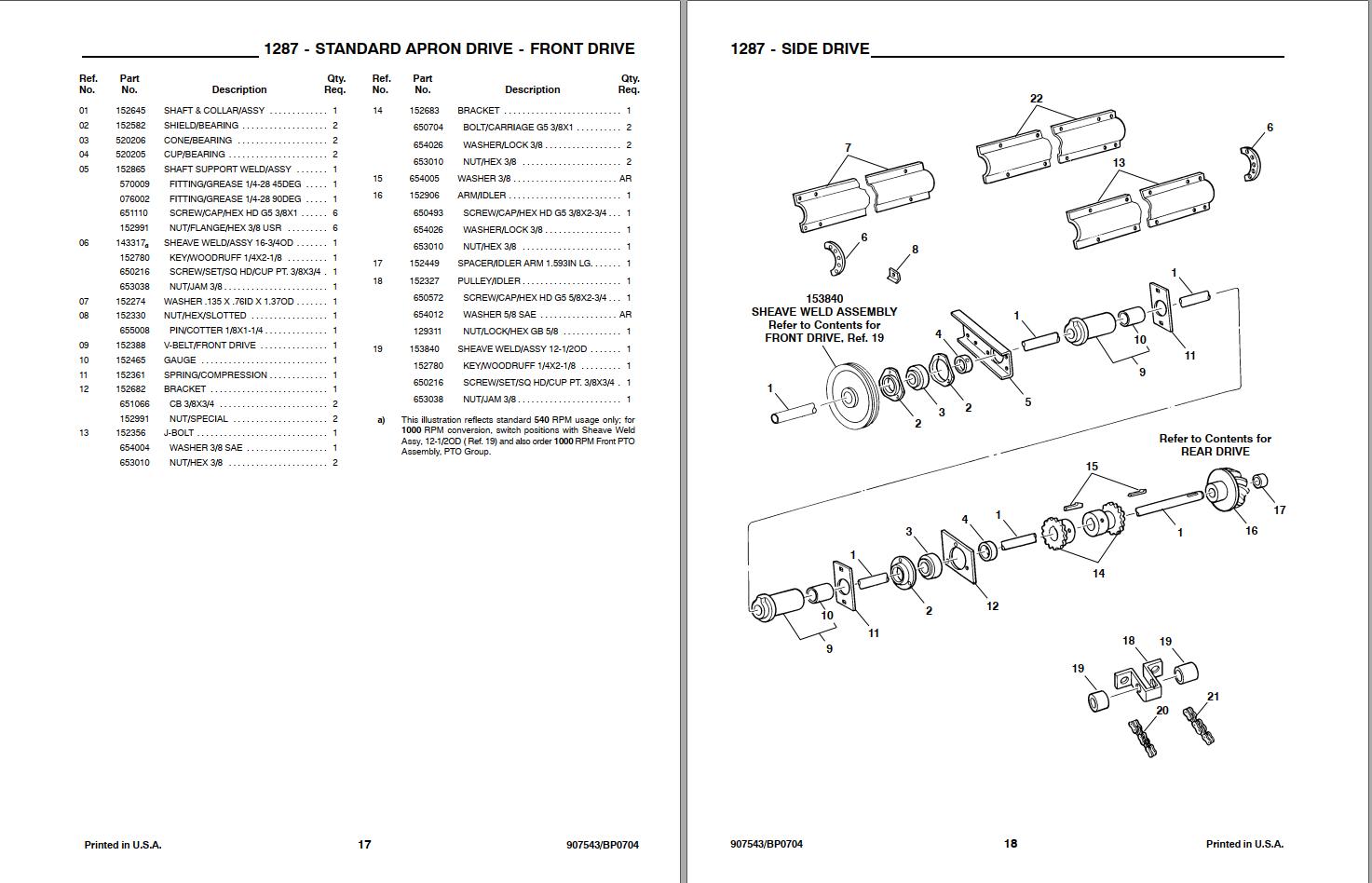 GEHL Manure Spreader 1287 Parts Manual 907543B