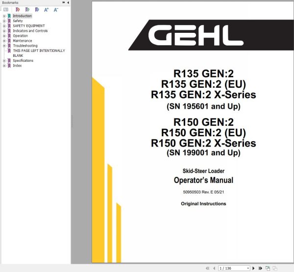 GEHL Skid-Steer Loaders R135 Gen2 to R150 Gen2 X-Series Operator's ...