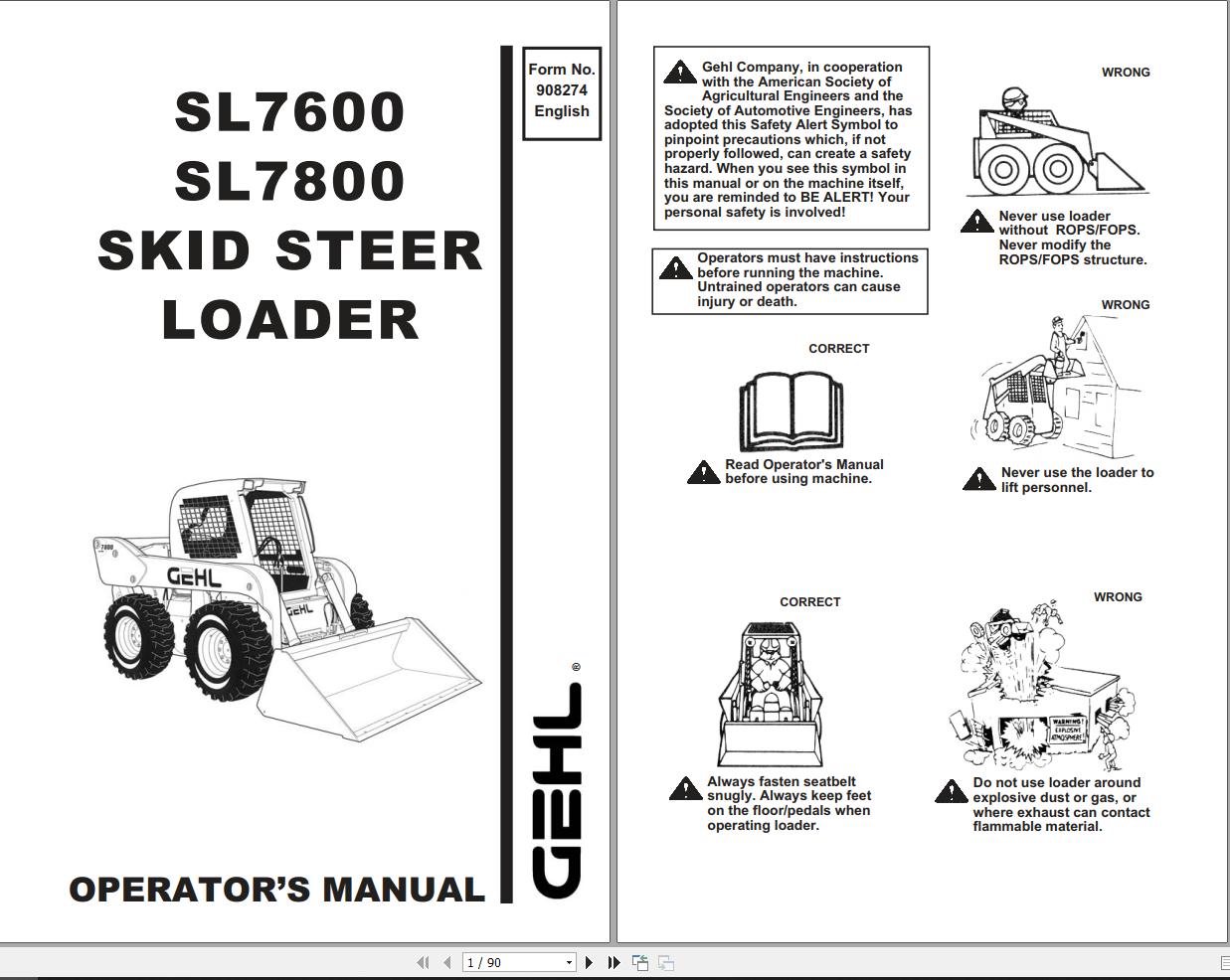 GEHL Skid-Steer Loaders SL7600 SL7800 Operators Manual 908274B