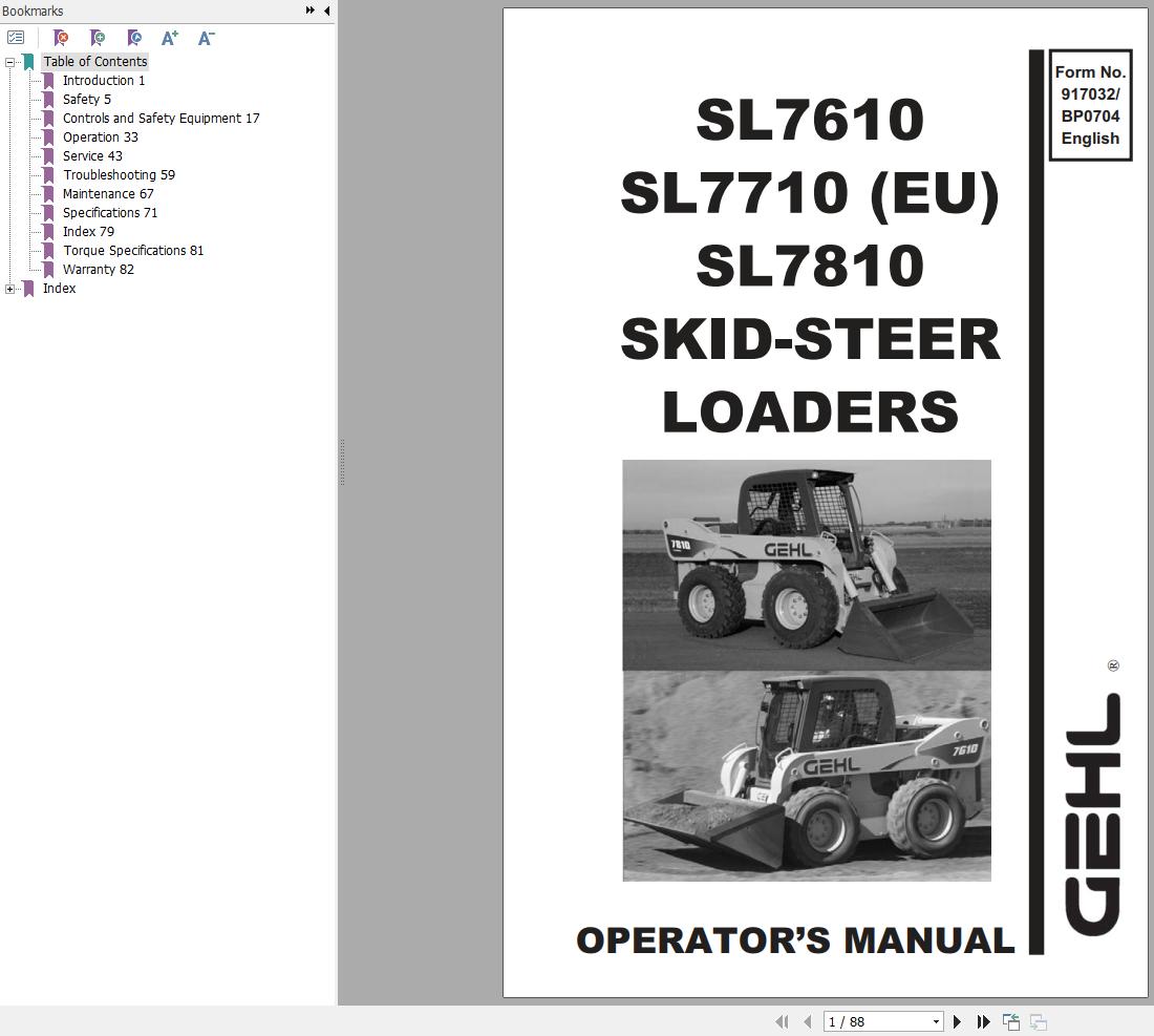 GEHL Skid-Steer Loaders SL7610 SL7710 SL7810 Operators Manual 917032B