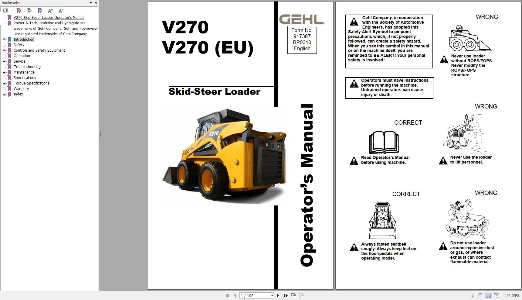 GEHL Skid-Steer Loaders V270 Operators Manual 917387B