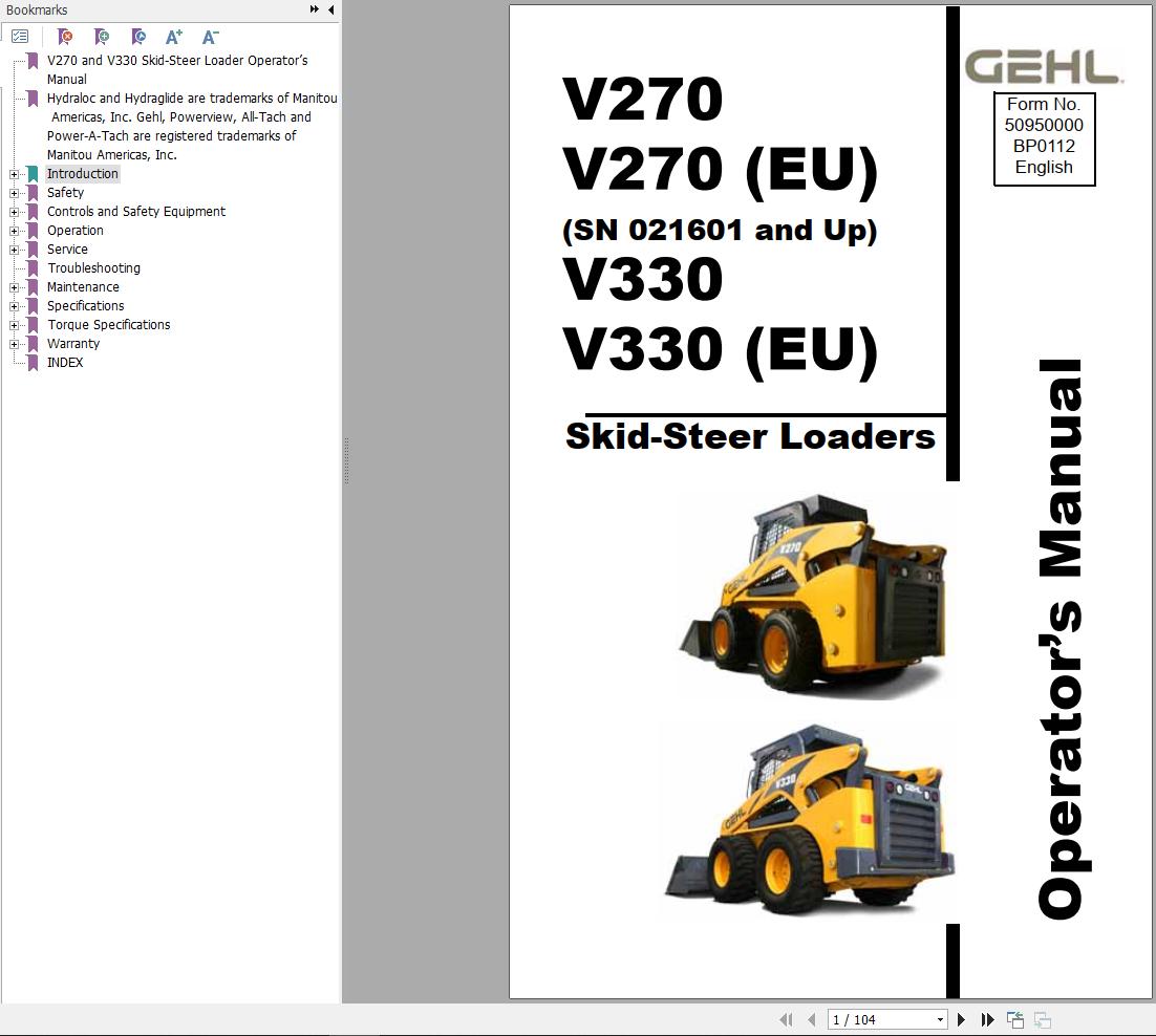 GEHL Skid-Steer Loaders V270 V330 Operators Manual 50950000