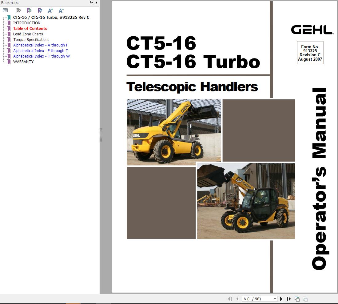 GEHL Telescopic Handlers CT5-16 CT5-16 Turbo Operators Manual 913225C