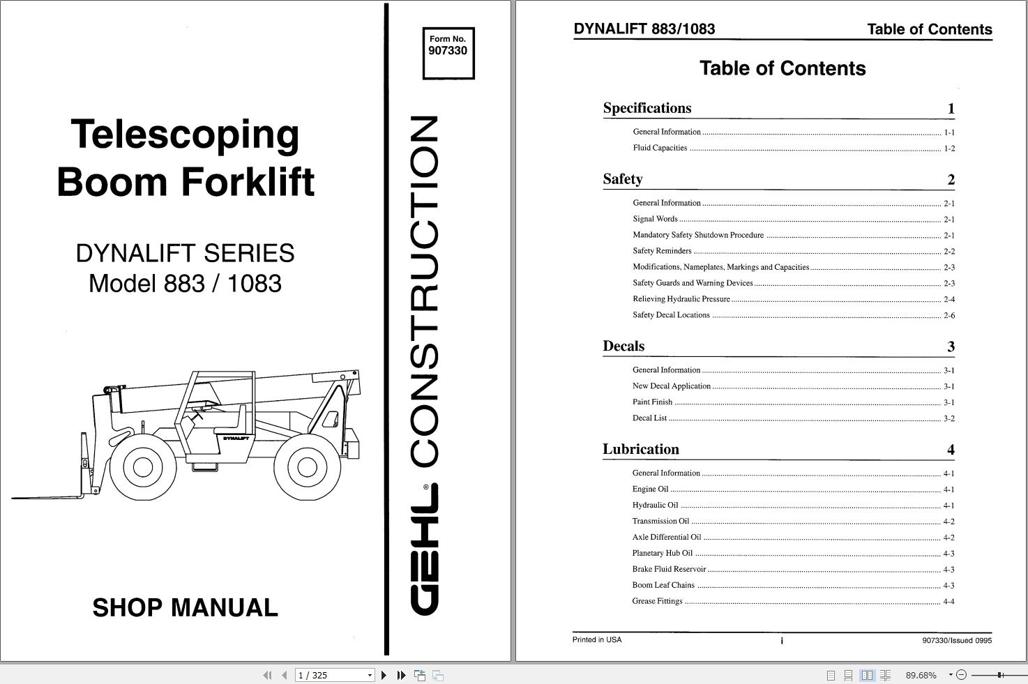 GEHL Telescoping Boom Forklift 883 1083 Shop Manual 907330