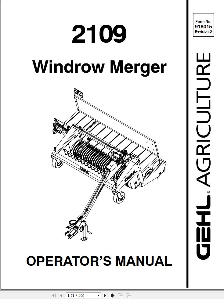 GEHL Windrow Merger 2109 Operators Manual 918015D