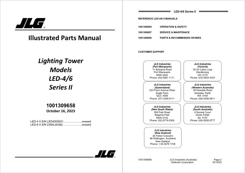 JLG Light Towers LED-4 LED-6 II Parts Manual 1001309658 2023