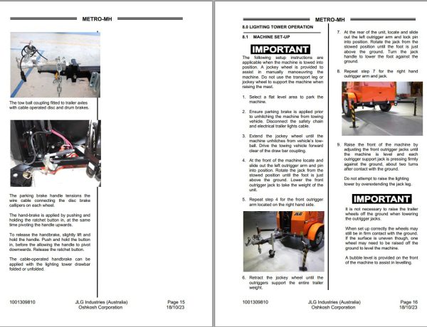 JLG Light Towers Metro-MH Operation Safety Manual 1001309810 2023