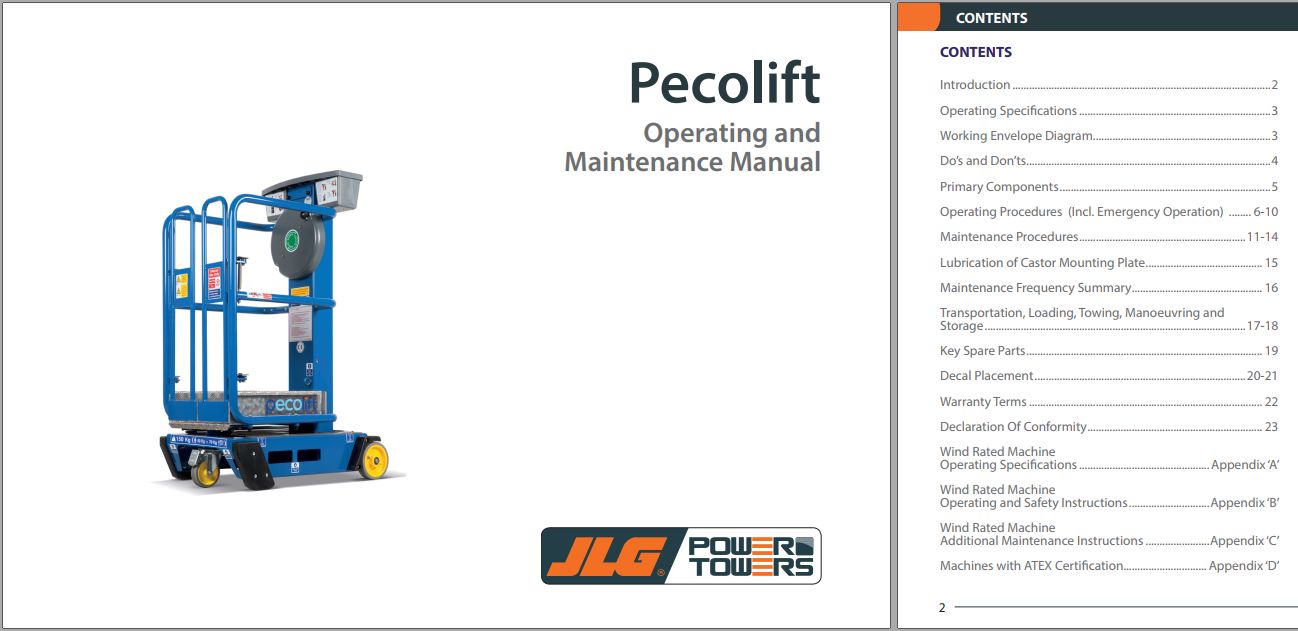 JLG POWER TOWERS Vertical Masts PECOLIFT Operation Maintenance Manual ...