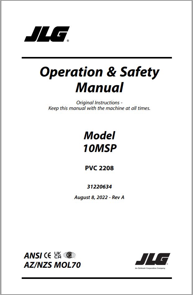 JLG Vertical Masts 10MSP Operation Safety Manual 31220634 2022 PVC 2208