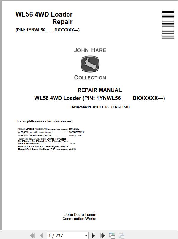 John Deere Loader WL56 4WD Repair Manual TM14284X19
