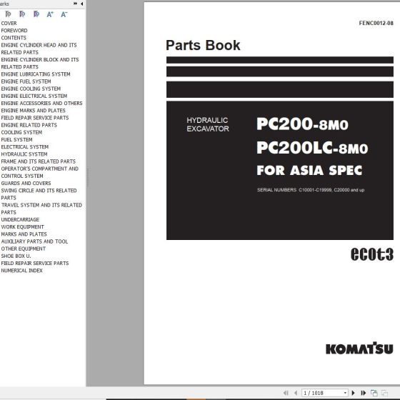 Komatsu Crawler Excavators PC200-8M0 Part Book