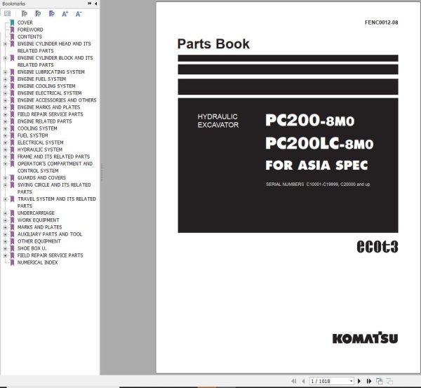 Komatsu Crawler Excavators PC200-8M0 PC200LC-8M0 Part Book