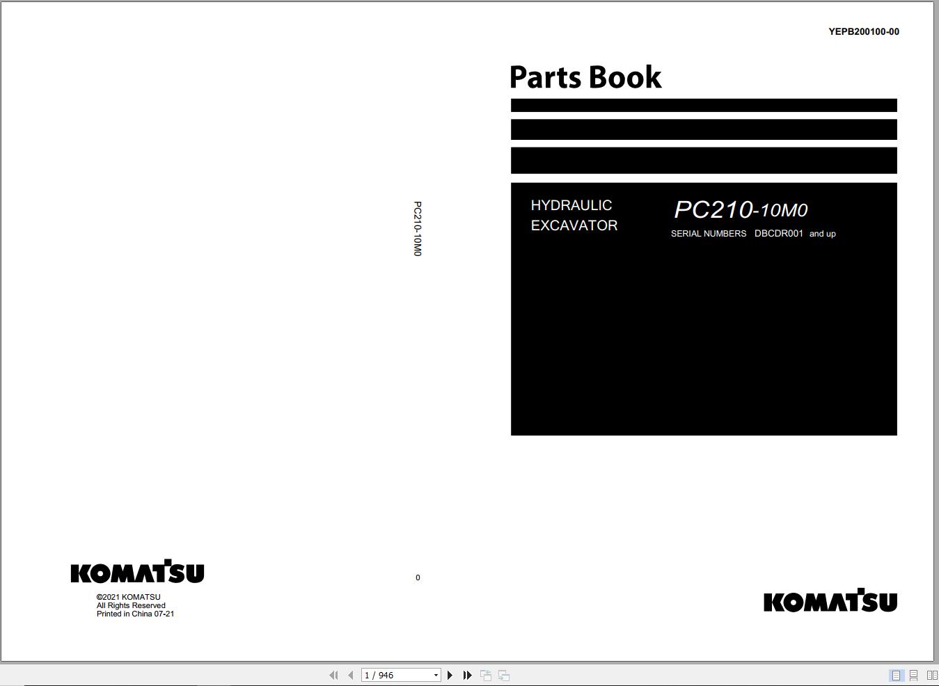 Komatsu Crawler Excavators PC210-10M0 Part Book YEPB200100-00
