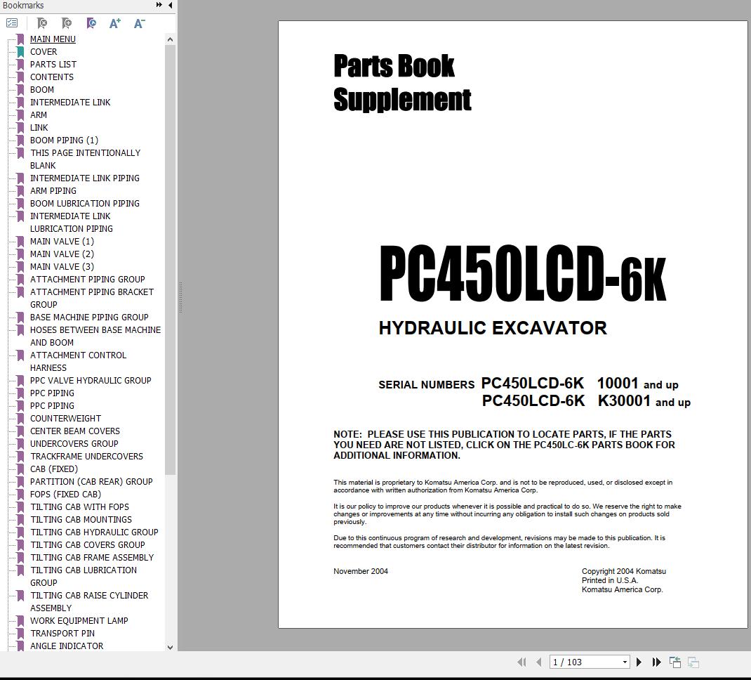 Komatsu Crawler Excavators PC450LCD-6K Part Book PBPC450LC6K