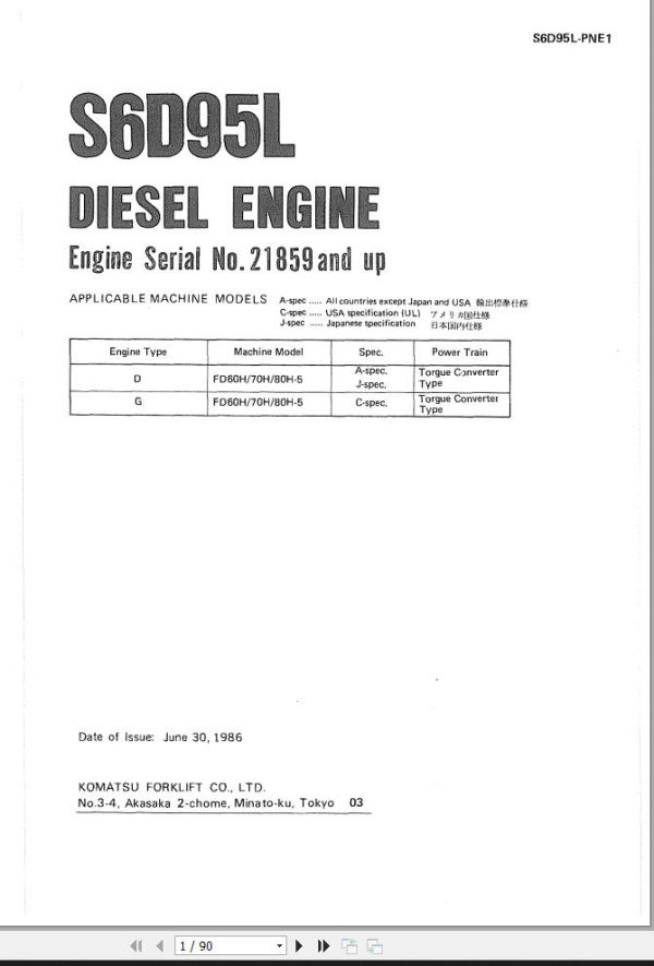 Komatsu Engine S6D95L Part Book S6D95L-PNE1