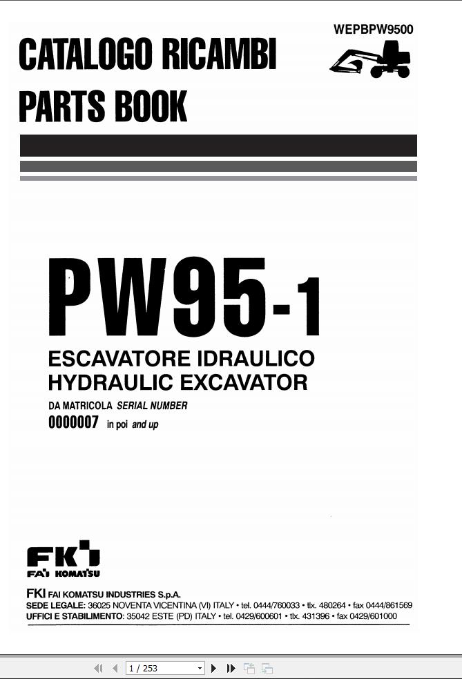 Komatsu Excavator PW95-1 Part Book WEPBPW9500