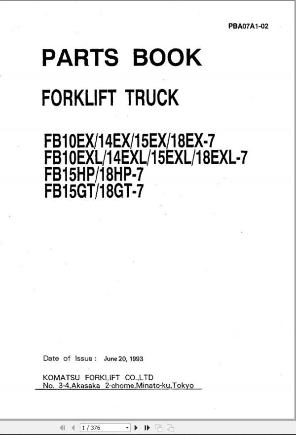 Komatsu Forklift FB10EX-7 to FB18GT-7 Part Book PBA07A1-02