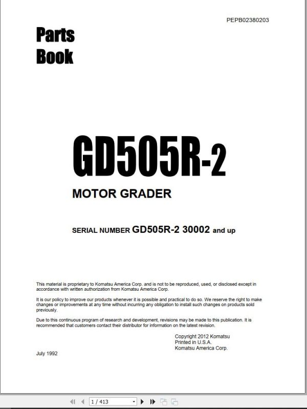 Komatsu Motor Graders GD505R-2 Part Book PEPB02380203
