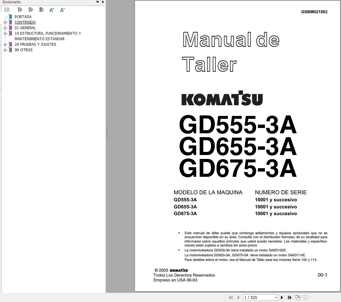 Komatsu Motor Graders GD555-3A GD655-3A GD675-3A Shop Manual GSBM021002 ES