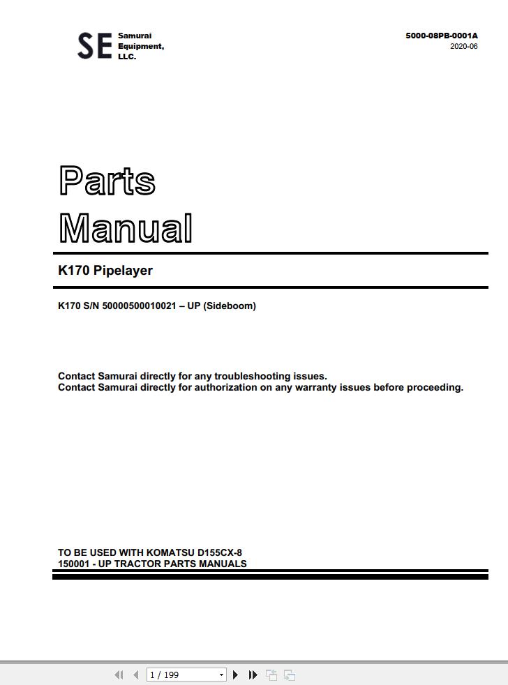 Komatsu Pipelayer K170 Part Book 5000-08PB-0001A