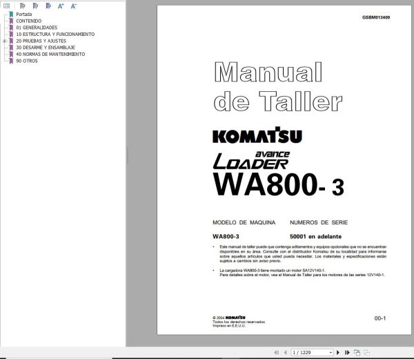 Komatsu Wheel Loader WA800-3 Shop Manual ES