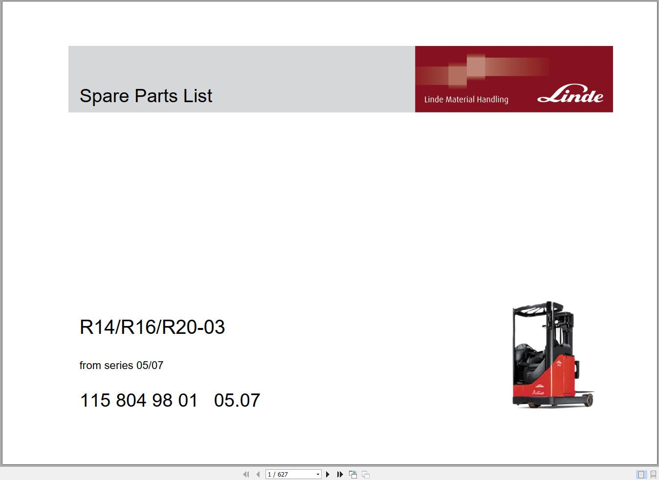 Linde Forklift R14 R16 R20-03 Spare Parts List 115 804 98 01